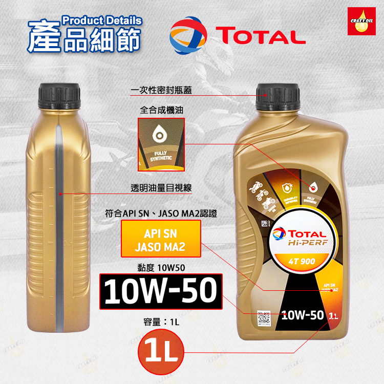 【機車機油】TOTAL HI-PERF 4T 900 10W50 機車全合成機油 | 瘋油網