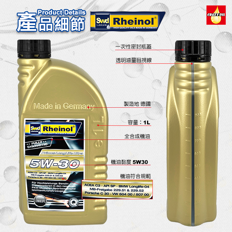【汽車機油】SWD Rheinol Primus Longlife Ultra 5W30 全合成機油 | 瘋油網